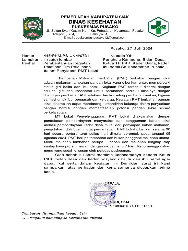 Surat Pemberitahuan Kegiatan Pelatihan Tim Pelaksana PMT Lokal TH 2024 | PDF