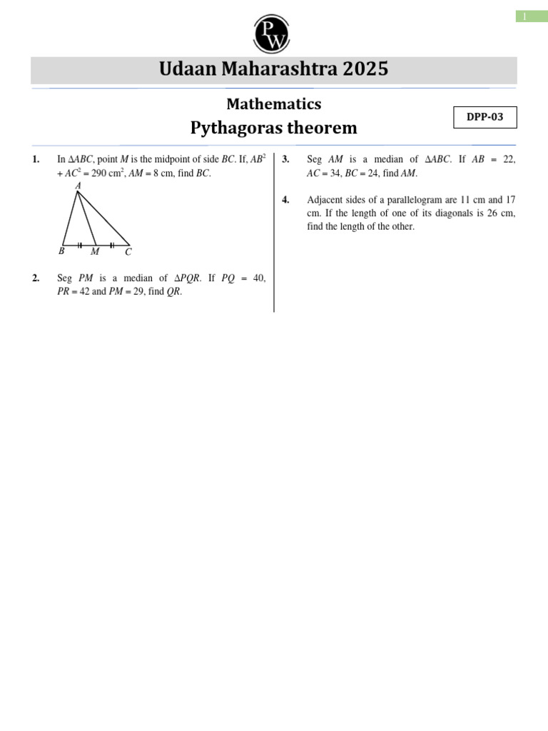 Pythagoras Theorem - DPP 03 (Of Lec 04) - Udaan Maharashtra 2025 | PDF