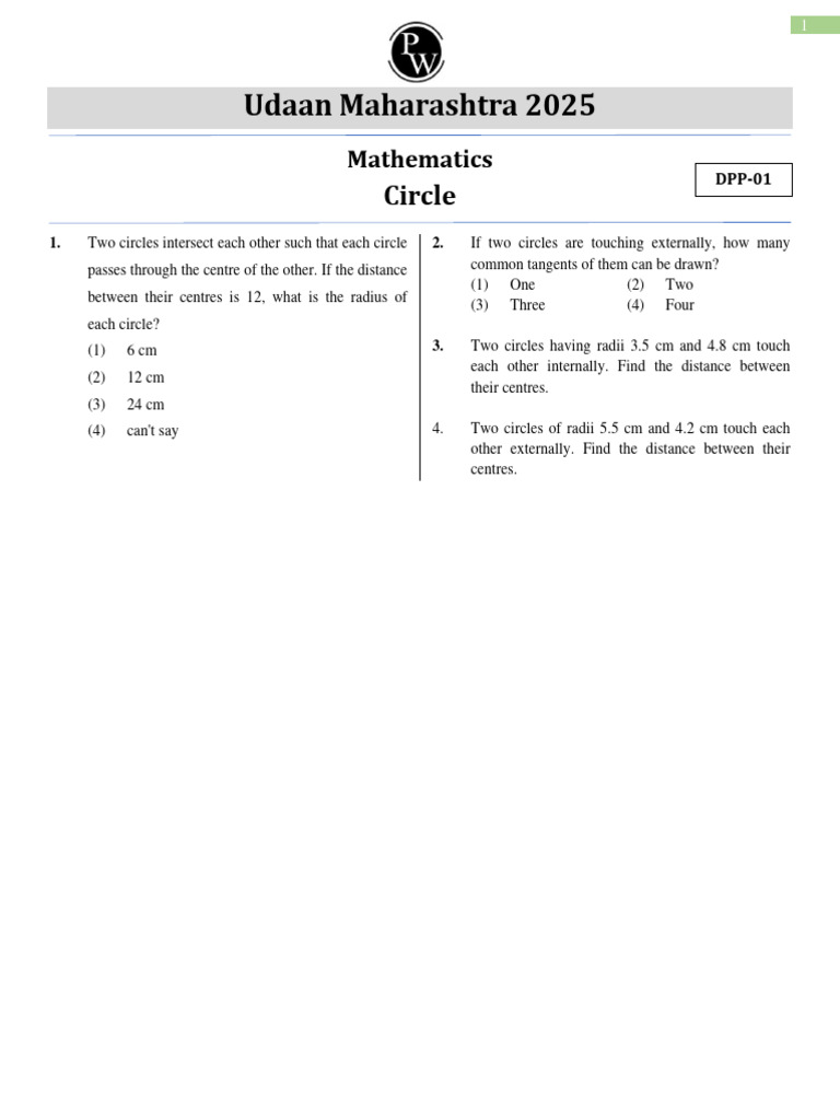 Circle _ DPP 01 of Lec 02 __ Udaan Maharashtra 2025 | PDF Circle _ DPP 01 of Lec 02 __ Udaan Maharashtra 2025 | PDF