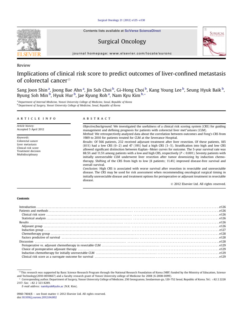 Clinical Risk Score To Predict Outcome in CRLM | PDF | Chemotherapy ...