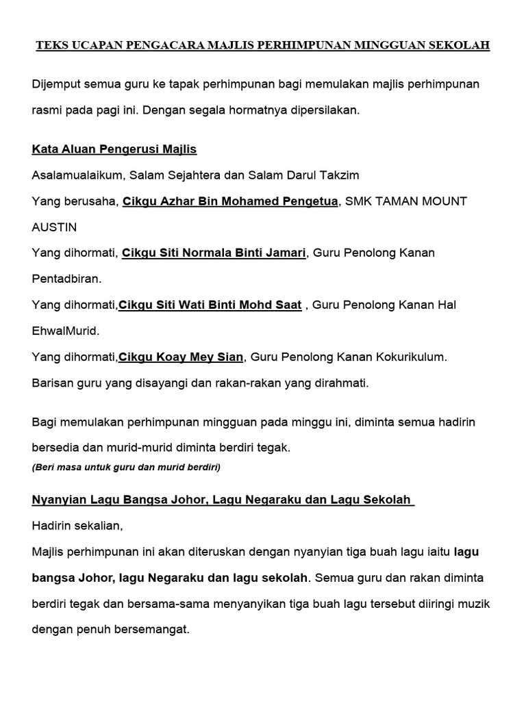 Teks Ucapan Pengacara Majlis Perhimpunan Mingguan Sekolah | PDF