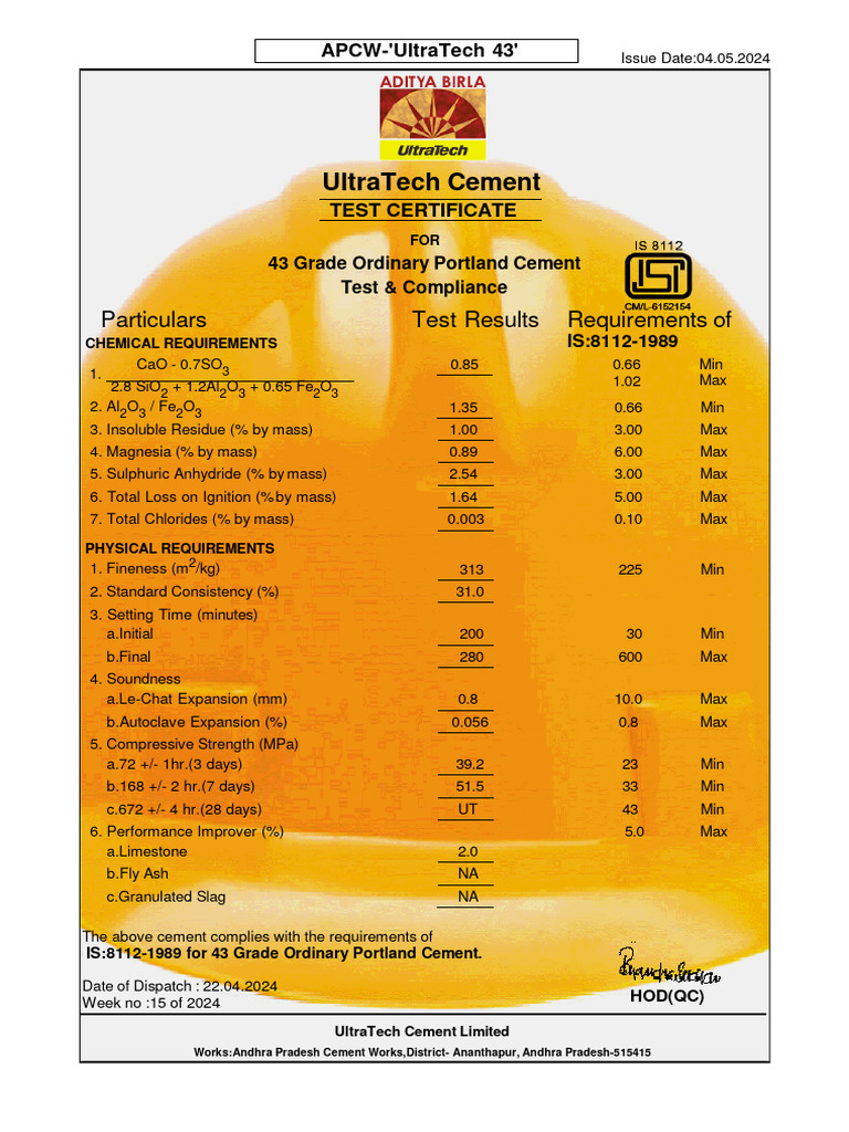 Ultratech Opc43 MTC | PDF | Cement | Structural Engineering