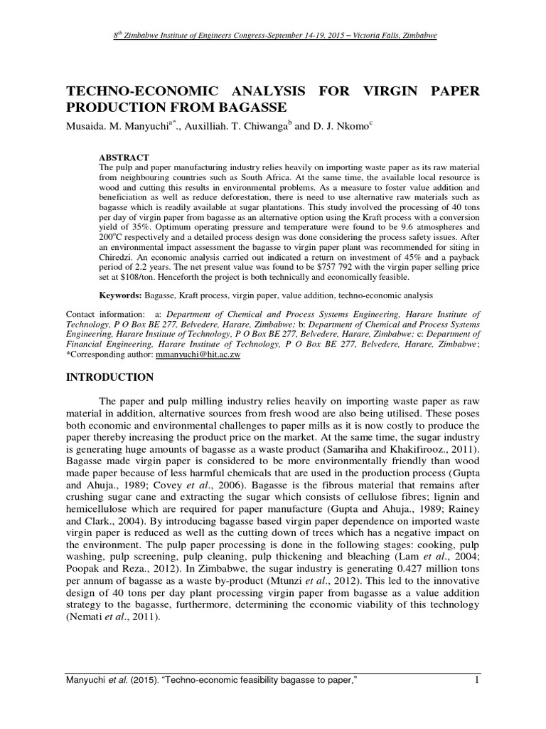Techno Economic Analysis For Virgin Pape | PDF | Pulp (Paper) | Paper