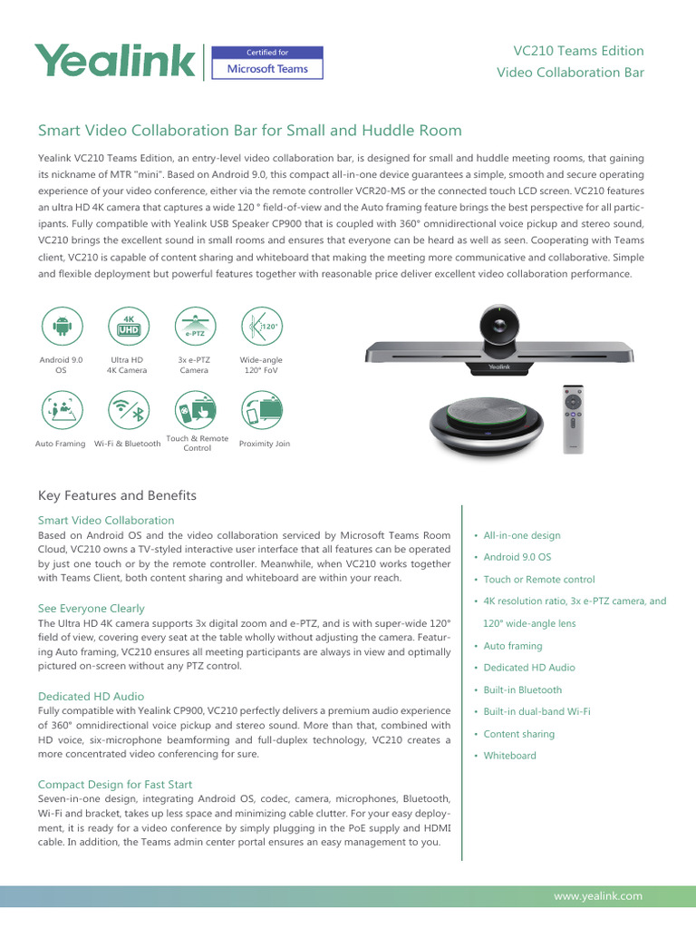 Yealink VC210 Teams Collaboration Bar Datasheet | PDF | Computer Network | Videotelephony