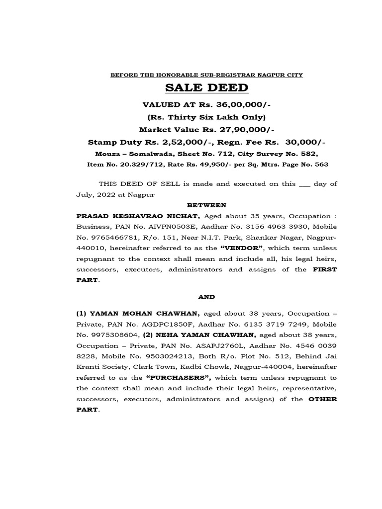 Sale Deed - Flat - Yaman Chauhan | PDF | Deed | Taxes
