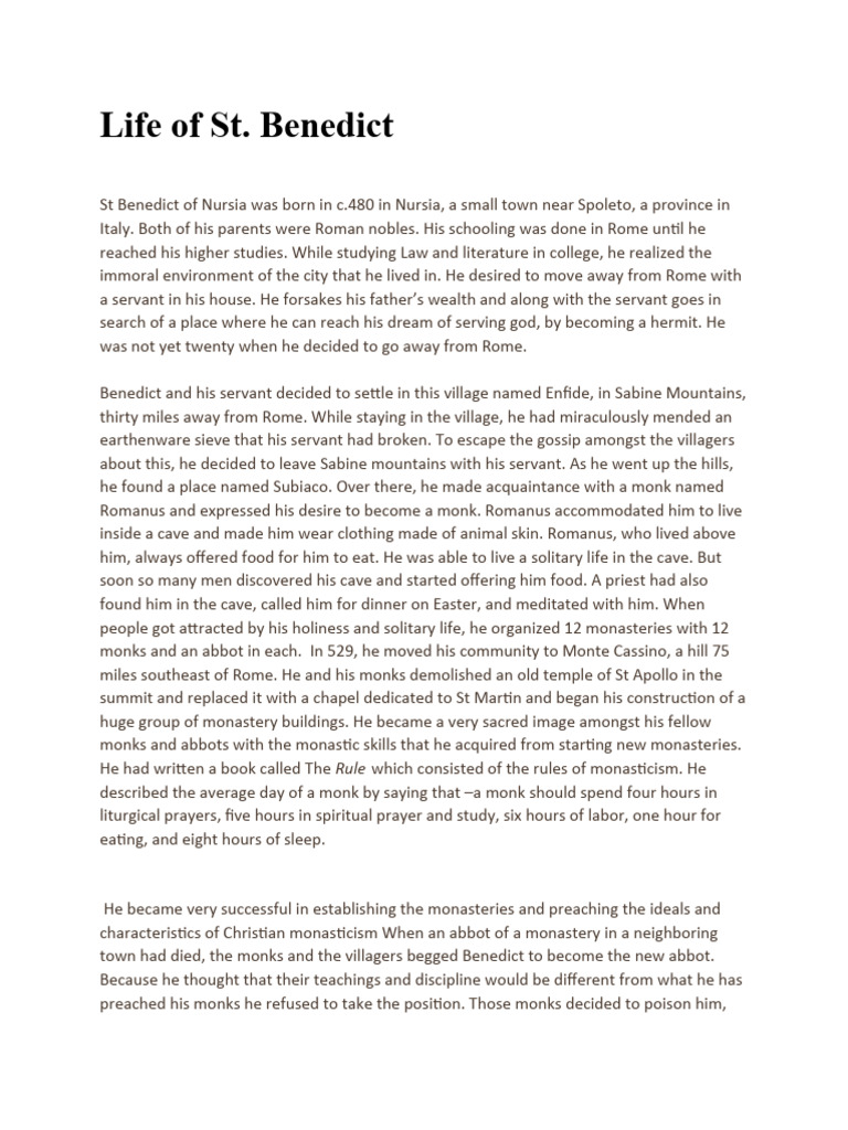 Life of ST Benedict | PDF | Monk | Christian Monasticism