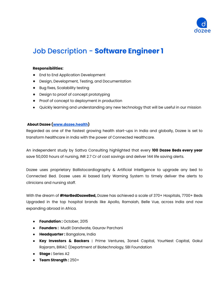 Dozee JD - Software Engineer | PDF | Artificial Intelligence | Intelligence (AI) & Semantics