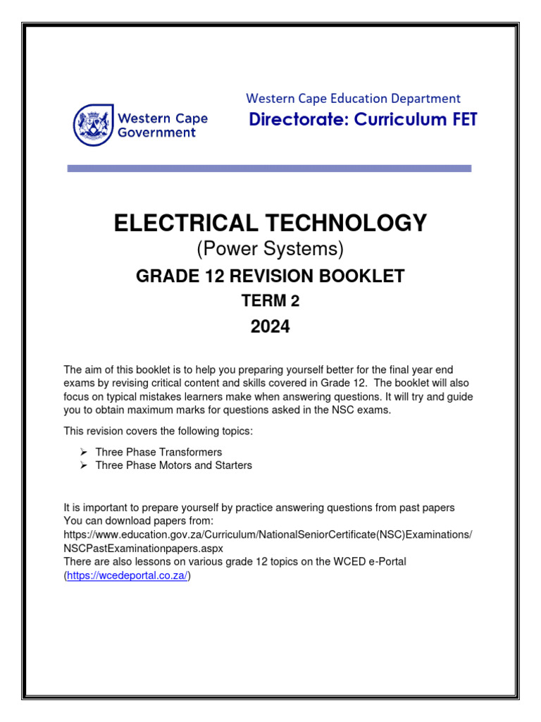 Electrical Technology Power Systems Grade 12 Term 2 2024 | PDF | Transformer | Electric Motor