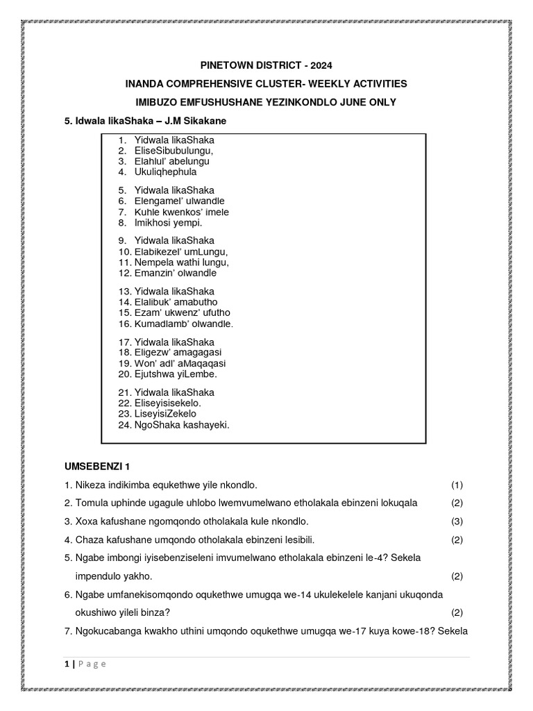Imibuzo Emfushane - Grade 12. Izinkondlo-Inanda Coprehensive Cluster ...