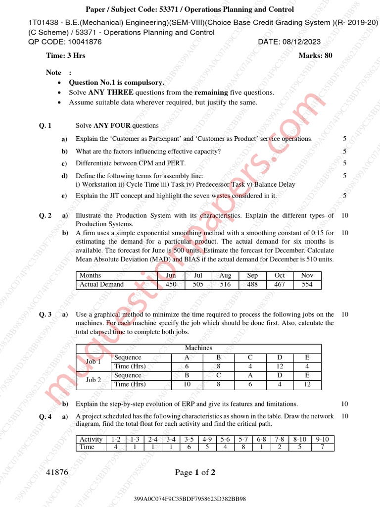 Be - Mechanical Engineering - Semester 8 - 2023 - December - Operations Planning and Control Rev ...