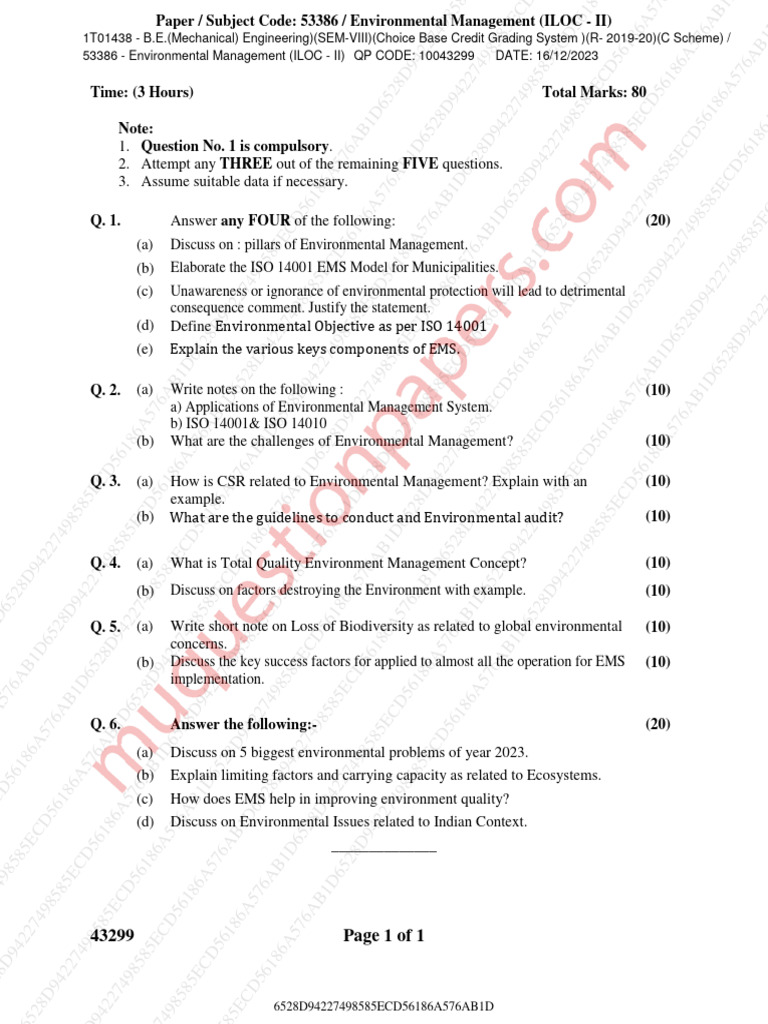 Be Mechanical Engineering Semester 8 2023 December Iloc II Environmental Management Rev 2019 C ...