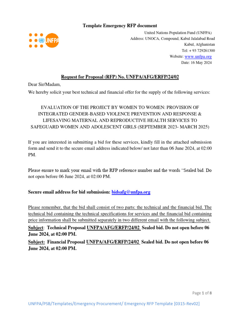 Emergency RFP-UNFPA-AFG-ERFP-24-02 | PDF | Evaluation | Request For Proposal