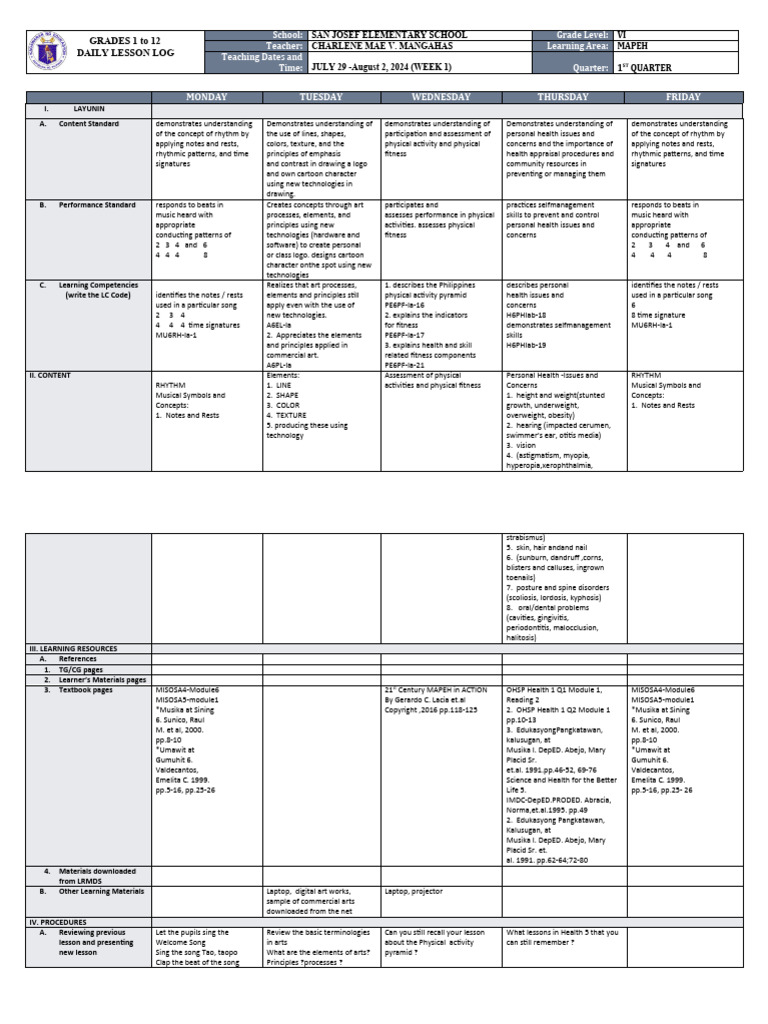 DLL - Mapeh 6 - Q1 - W1 | PDF | Rhythm | Physical Fitness