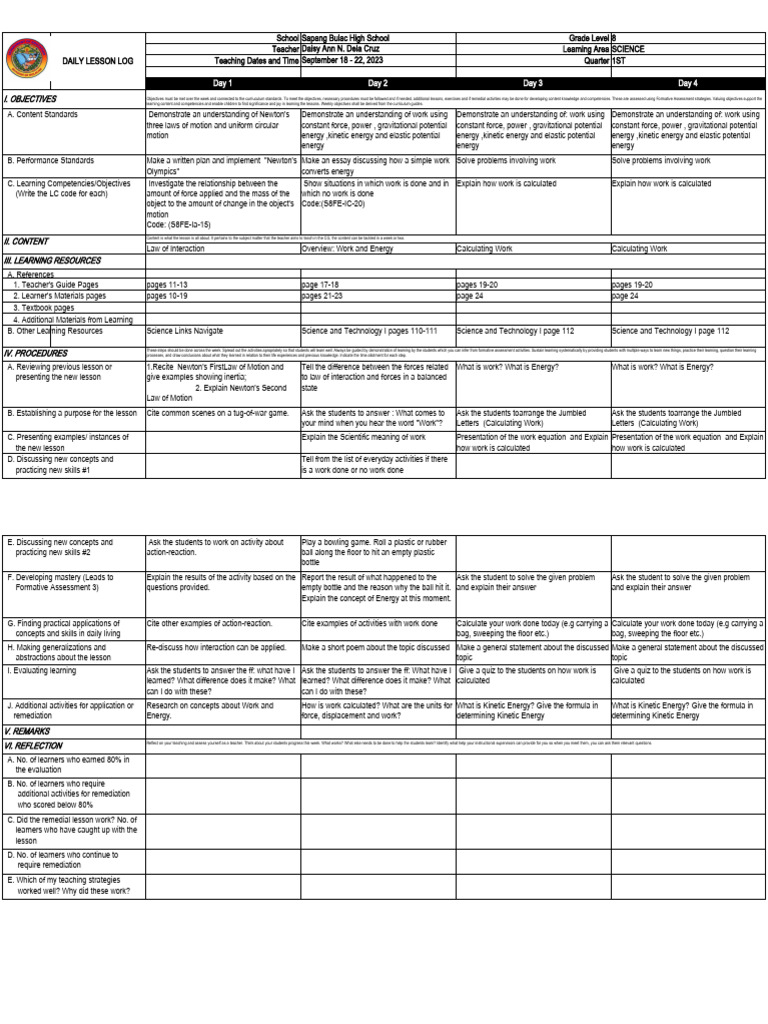 Daily lesson log Science 8 | PDF | Force | Learning