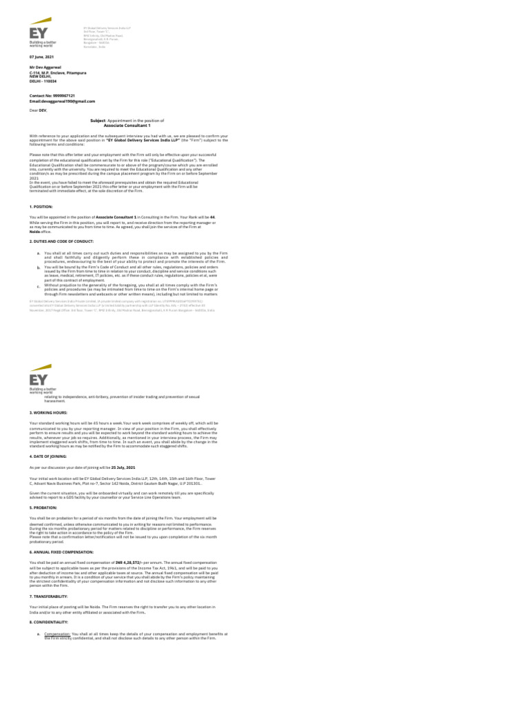 EY Offer Letter DEV AGGARWAL | PDF | Insurance | Payroll Tax