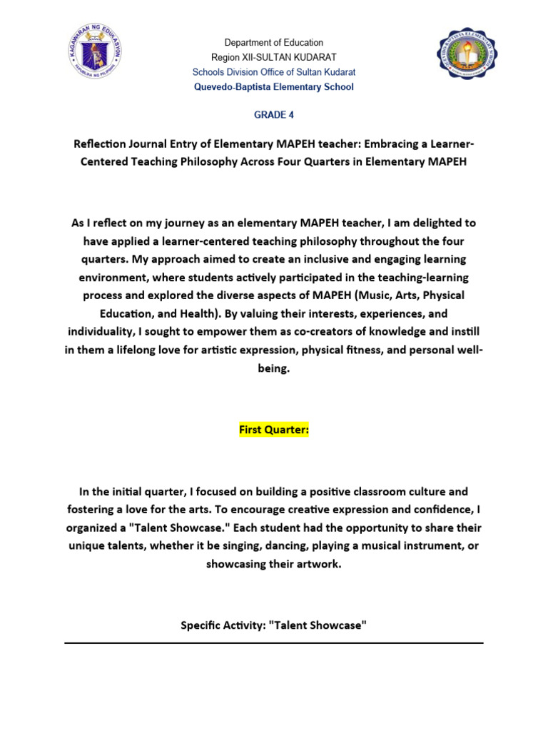 Reflection Journal Entry of Elementary MAPEHTeacher | PDF | Cognition ...
