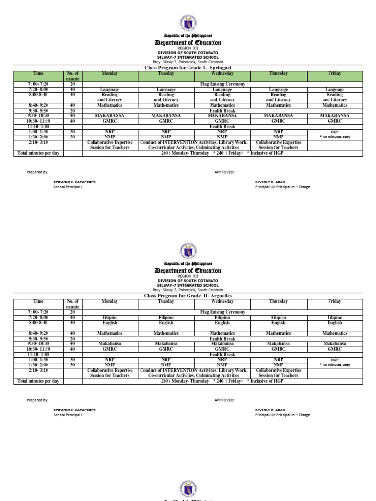 Class Schedule of Silway 7 IS SY 2023 2024 | PDF | Philippines