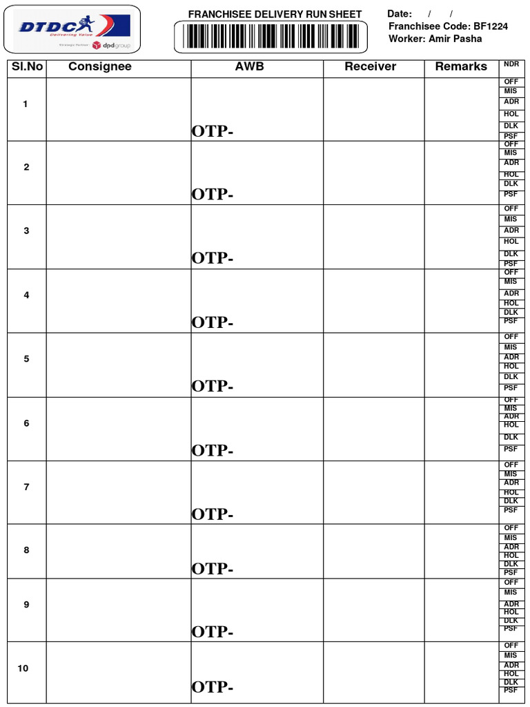 FRANCHISEE DELIVERY RUN SHEET | PDF