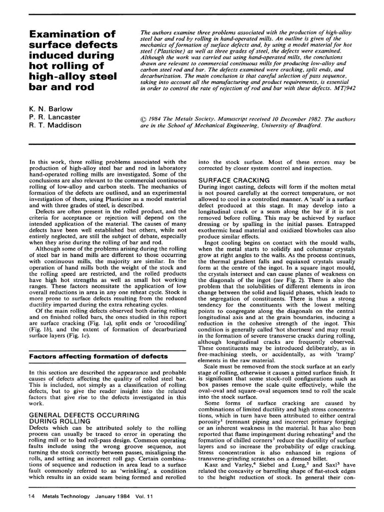 Surface Defects in Hot Rolled Steel | PDF | Rolling (Metalworking ...