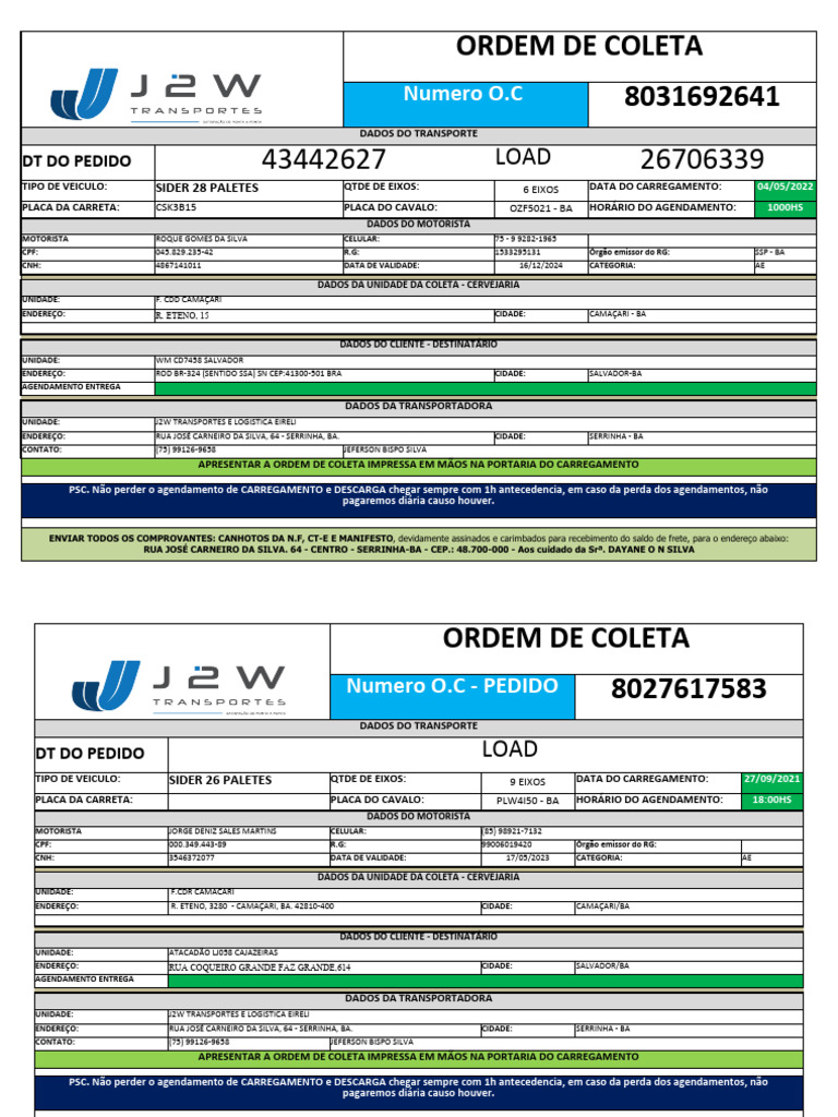 ORDEM DE COLETA - J2W Transportes | PDF