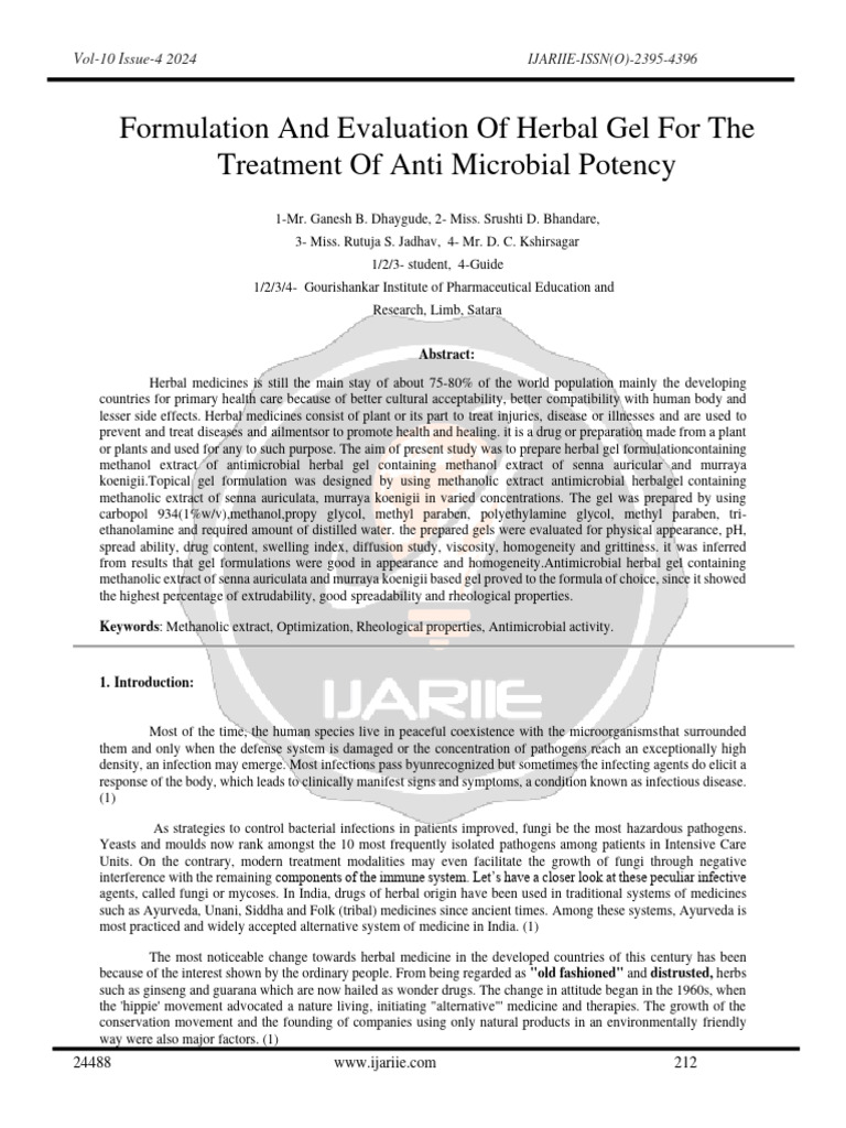 Formulation And Evaluation Of Herbal Gel For The Treatment Of Anti