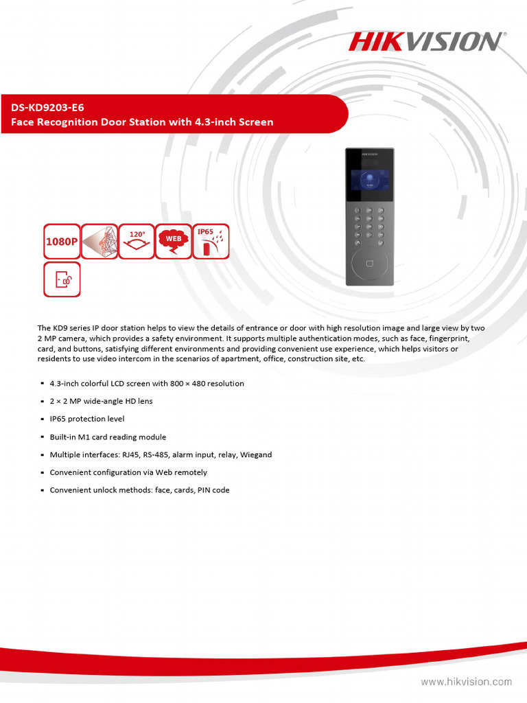DS KD9203 E6 Face Recognition Door Station With 4.3 Inch Screen ...