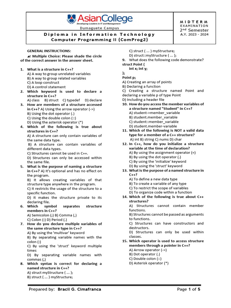 Cimafranca ComProg2 Midterm | PDF | Pointer (Computer Programming) | C++