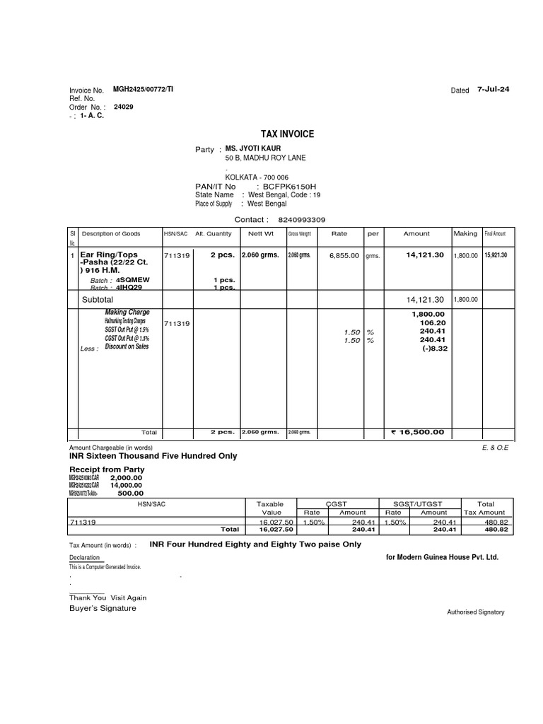 Tax Invoice for Ear Rings Purchase | PDF | Invoice | Public Finance