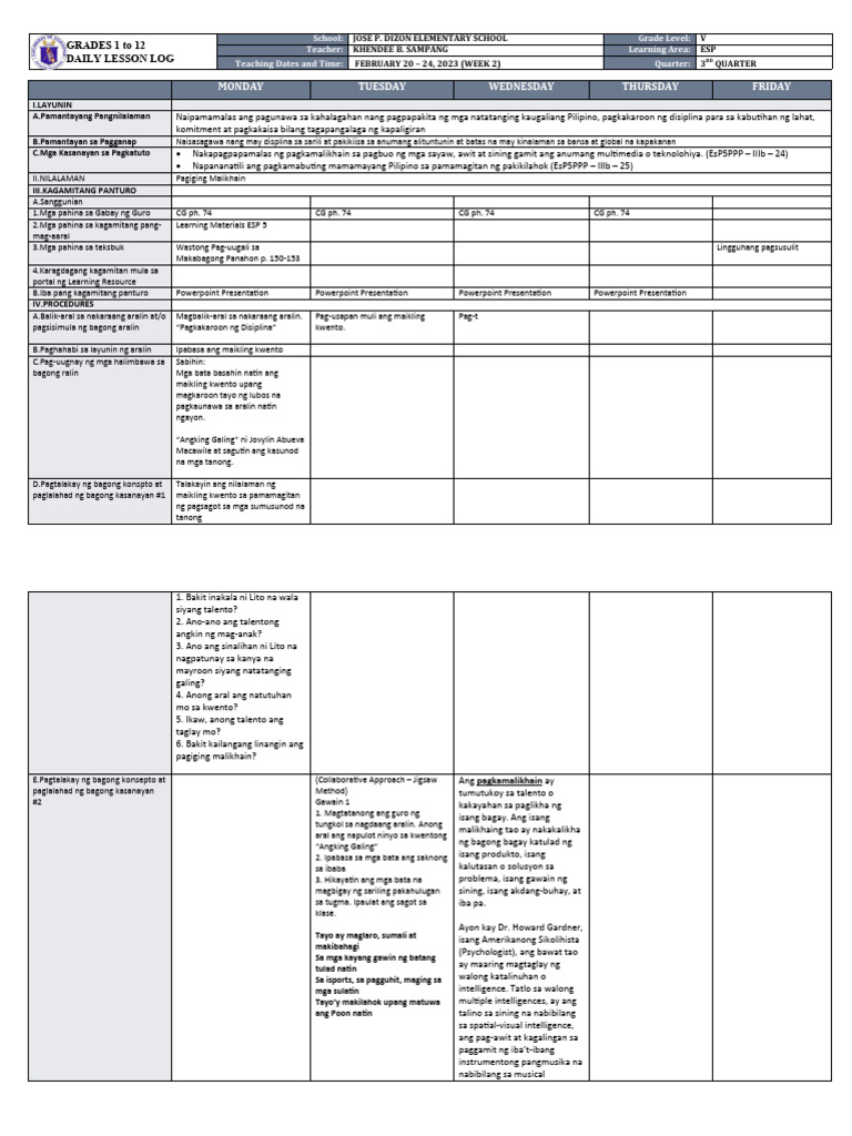 DLL - Esp 5 - Q3 - W2 | PDF