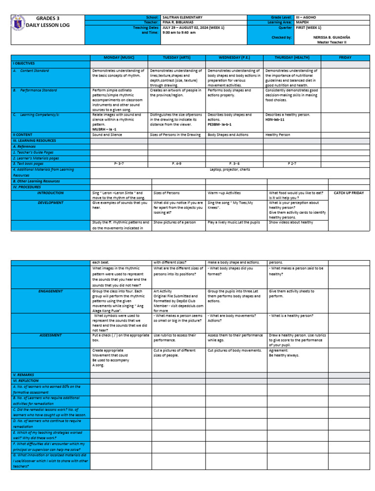 DLL MAPEH-3 Q1 W1.docx-EDITED | PDF | Teachers | Learning