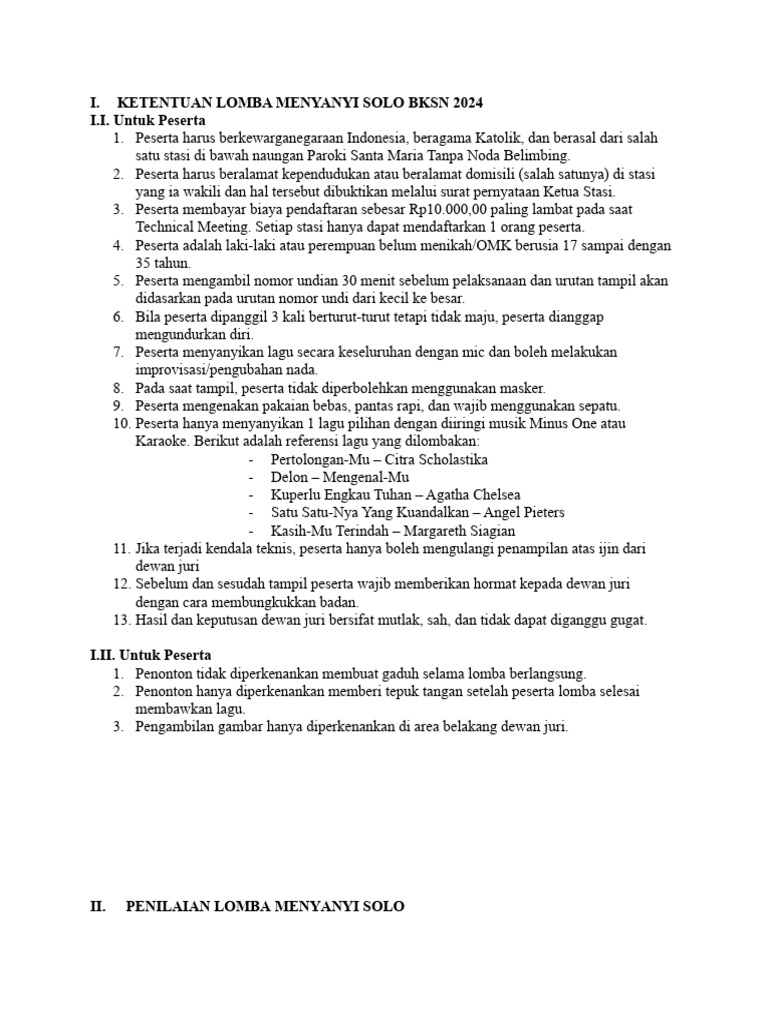 Ketentuan Lomba Menyanyi Solo BKSN 2024 | PDF