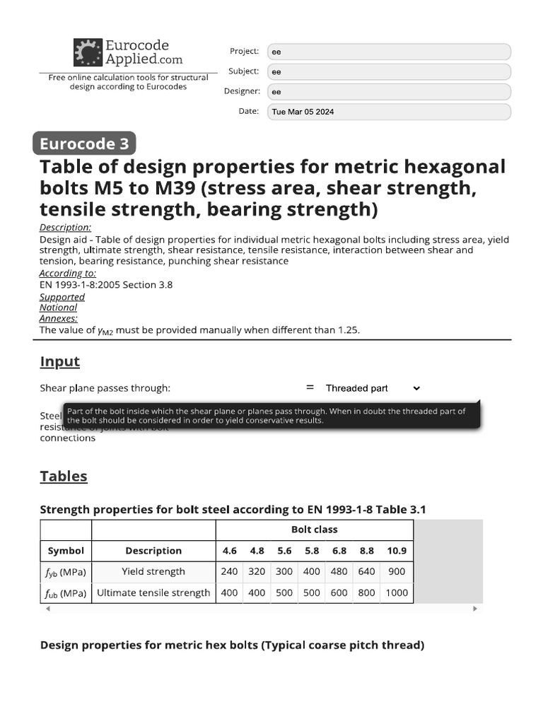 Bolts Properties Eurocode 3 | PDF
