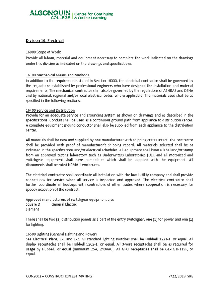 Division 16 - Electrical | PDF | Electrical Wiring | Electrical Engineering