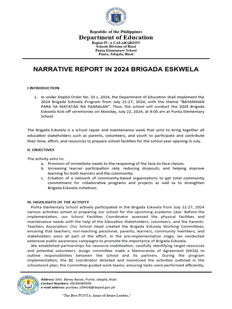 Narrative-Report-Brigada Eskwela2024 | PDF | Volunteering | Classroom