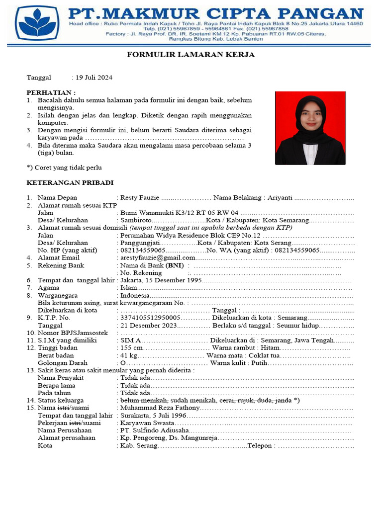 MCP - Form Isian Pelamar | PDF