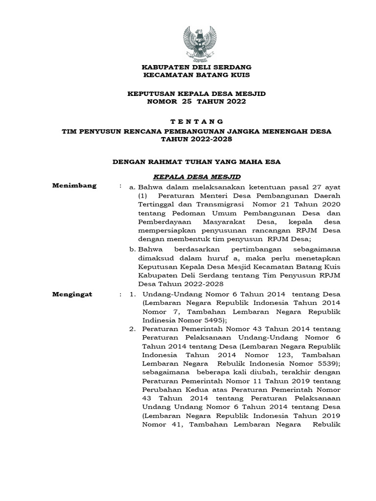 SK Tim Penyusun RPJMDes 2022 | PDF