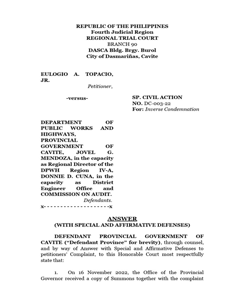 Answer SP Civil Action No. DC-003-22 (Topacio, Jr. vs. DPWH) | PDF ...