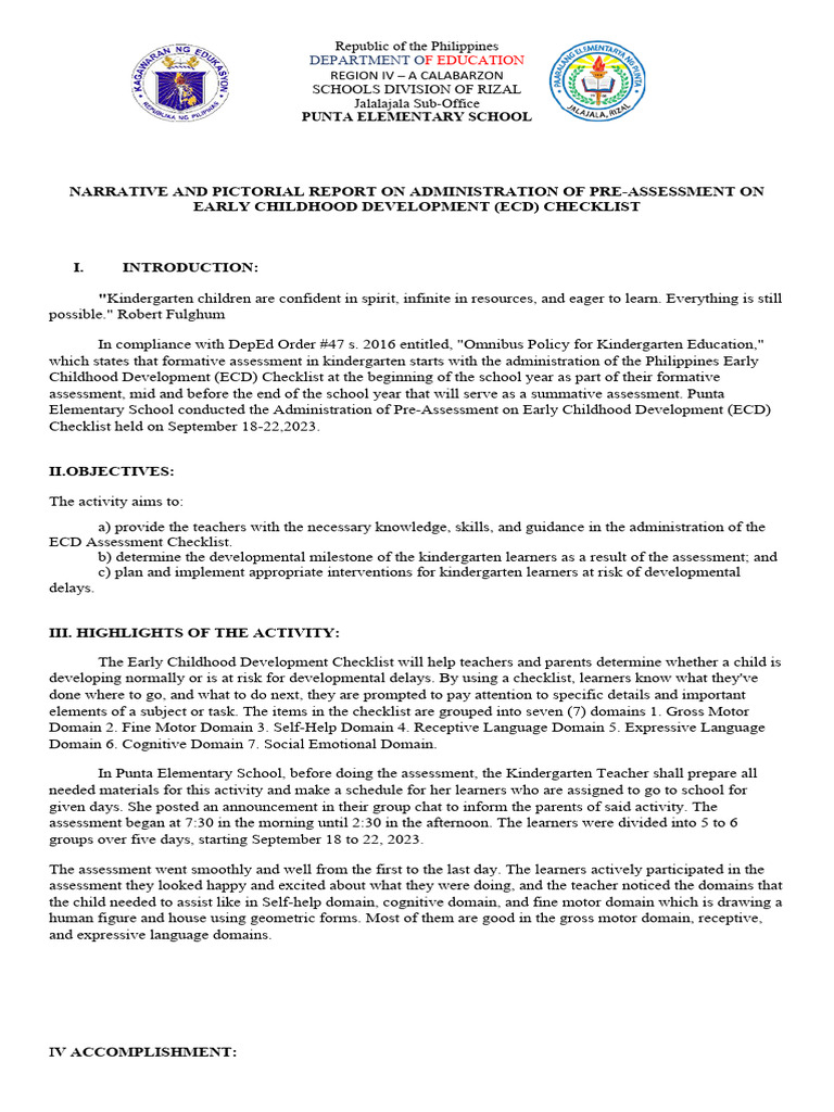 NARRATIVE REPORT ON PRE-ASSESSMENT ON-ECD-CHECKLIST | PDF | Educational ...