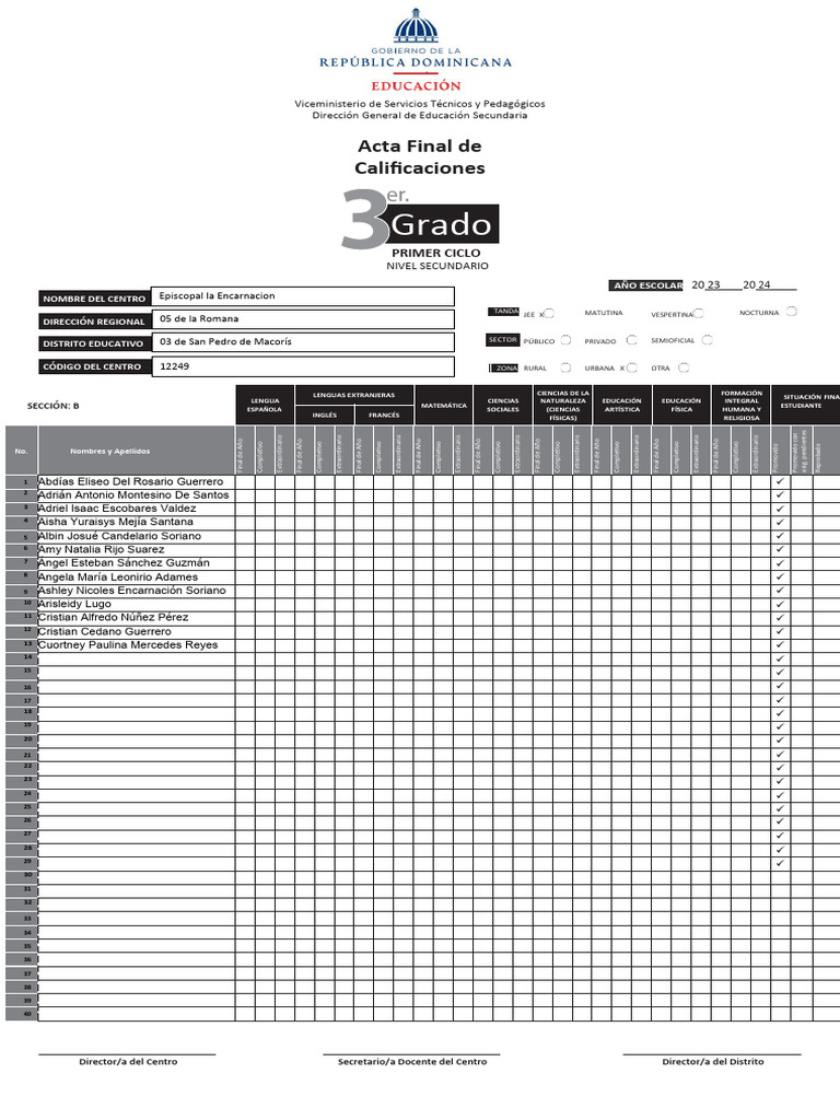 Acta Final de 3ro de Secundaria | PDF