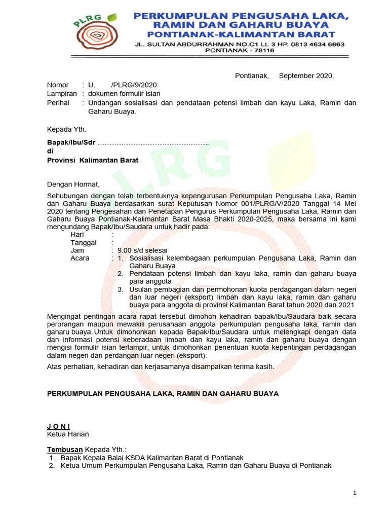 Surat Undang Sosialisasi & Pendatan Potensi LAKA-RAMIN-GAHARU BUAYA kALBAR | PDF