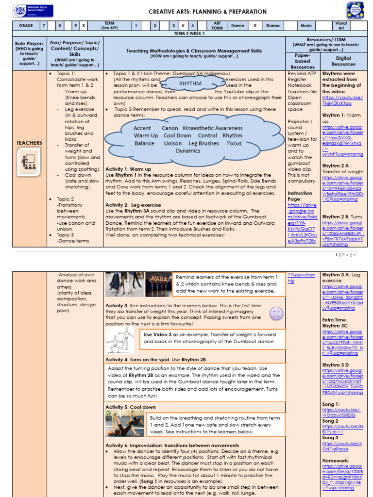 Lesson Plan GR 9 Creative Arts Dance T3 W1 | PDF | Dances | Foot