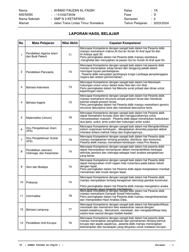 Rapor Siswa 20232 0103273539-2 | PDF