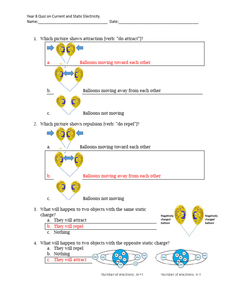Week 27 Year 8 Quiz Static Electricity and Battery Answers | PDF ...