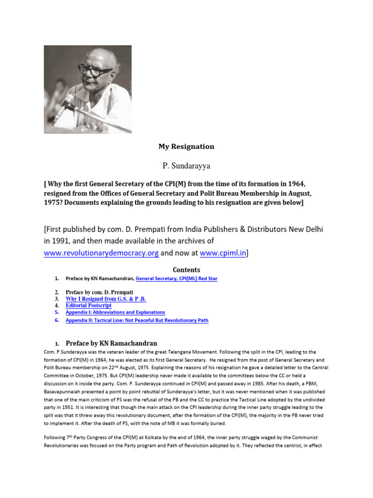 P. Sundarayya's Resignation Explained | PDF | Fascism | Bharatiya ...
