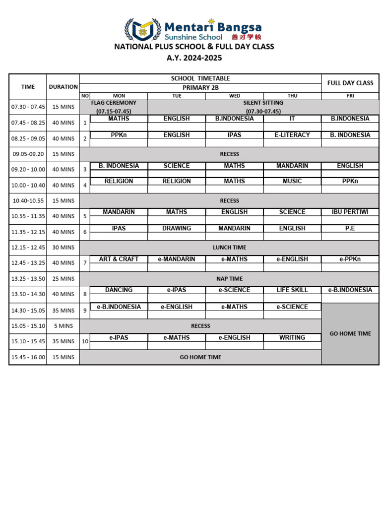 Primary 2b Schedule | PDF