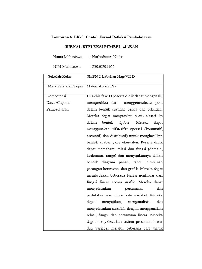 Lampiran 6. LK-5 Contoh Jurnal Refleksi Pembelajaran | PDF | Karier & Perkembangan