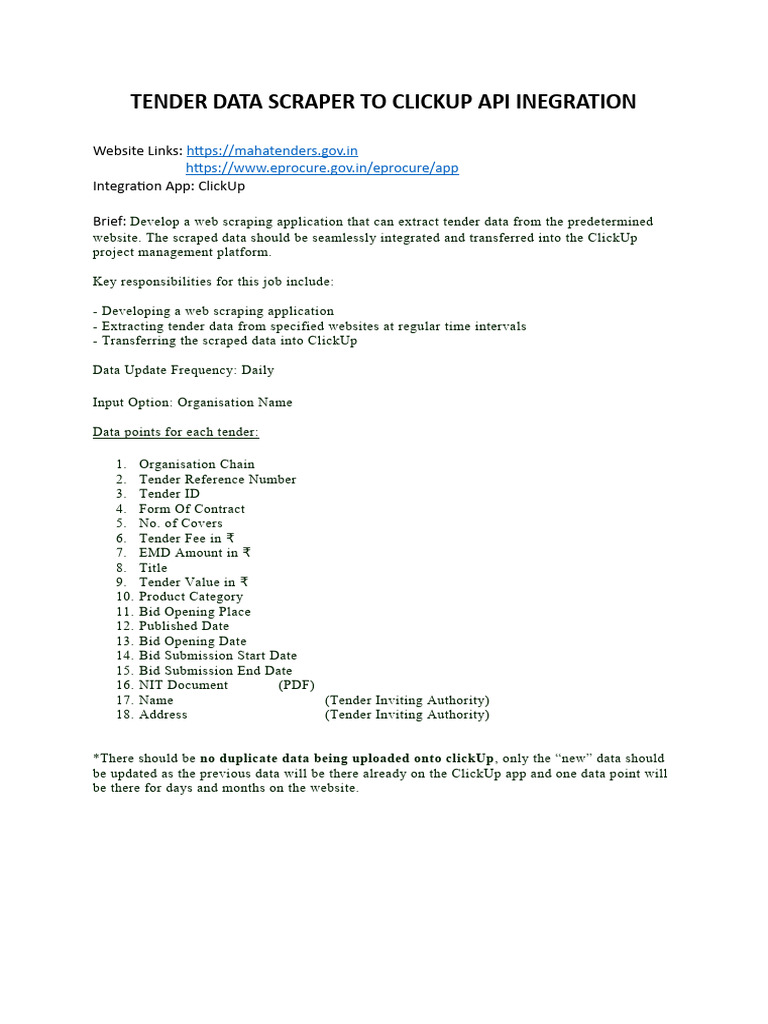 Tender Data Scraper To Clickup API Integration | PDF | Digital Technology | Information Technology