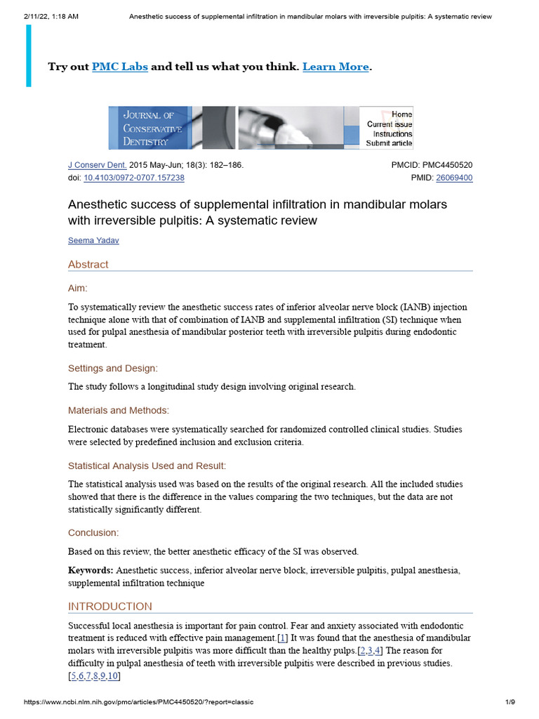 Anesthetic Success of Supplemental Infiltration in Mandibular Molars ...