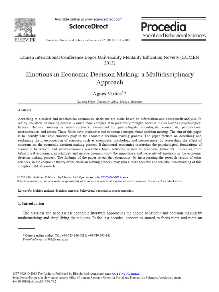 Emotions in Economic Decision Making | PDF | Behavioral Economics ...