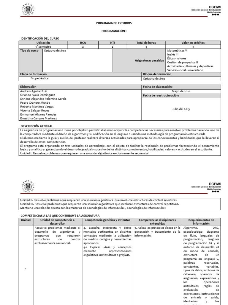 Programa de estudios Programación I | PDF | Algoritmos | Evaluación